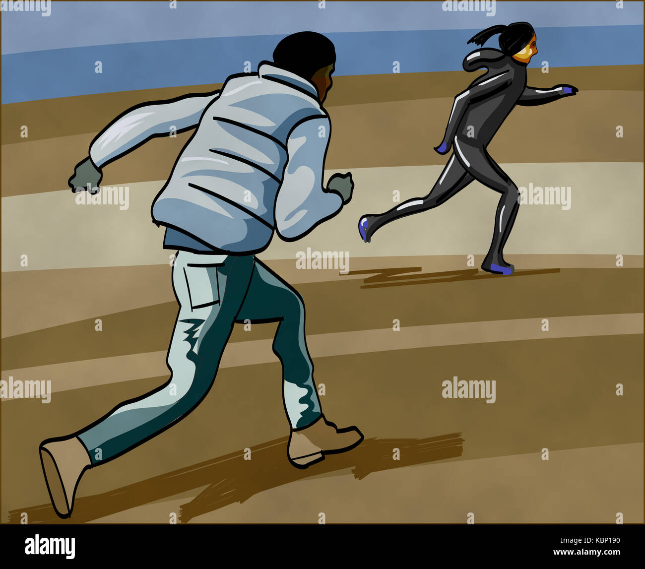 Girl running out, woman escaping an assailant. Migrants fleeing ...