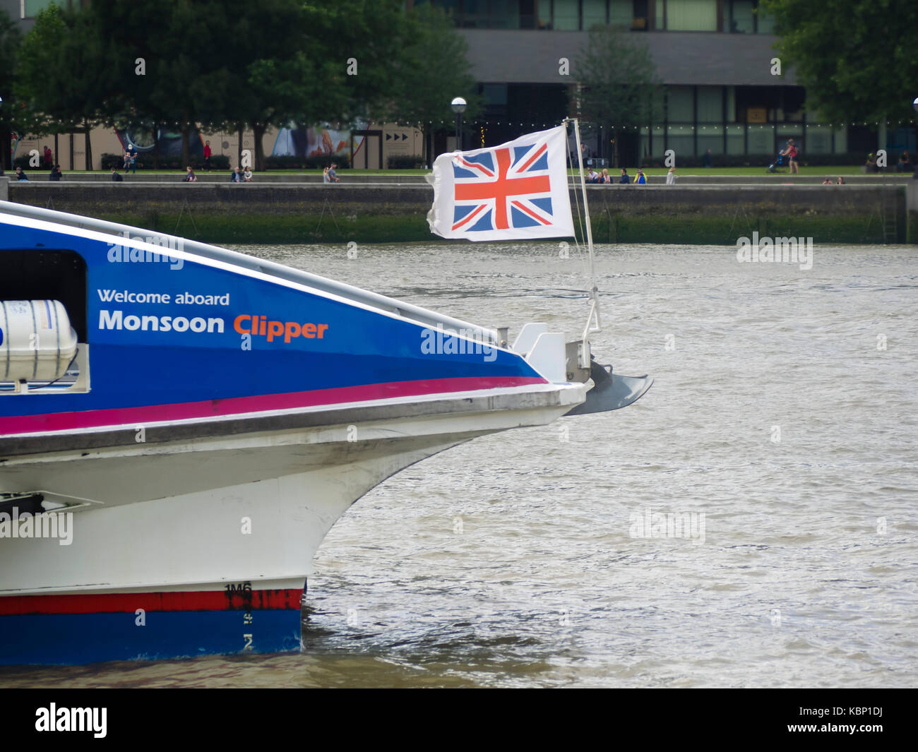 LONDON, UK - AUGUST 18, 2017: Bow of the Thames Clipper boat named ...