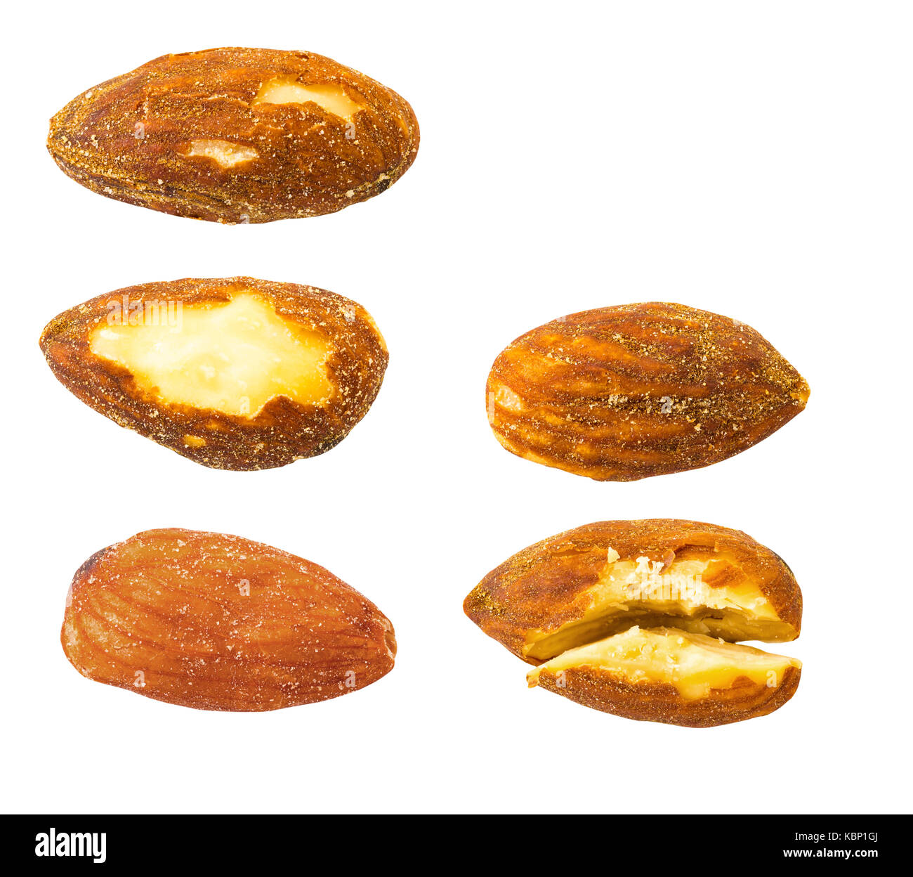 Salty roasted almonds are isolated on white background (clipping path ...