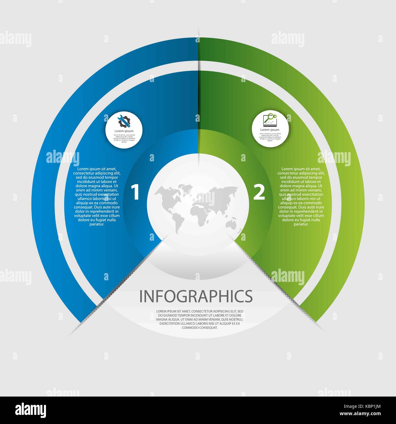 Circular infographics of 2 steps, segments for annual reports, charts ...