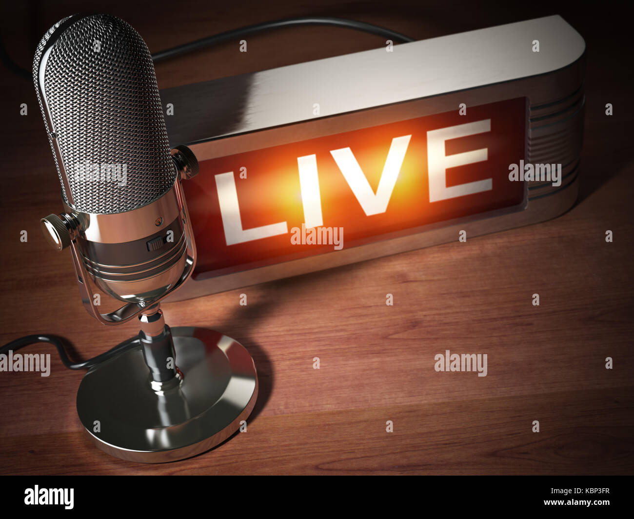 Vintage microphone with signboard live. Broadcasting radio station ...