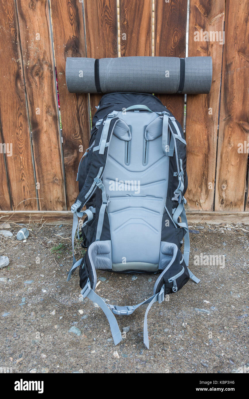 Traveler backpack on ground near old brown wooden wall Stock Photo - Alamy