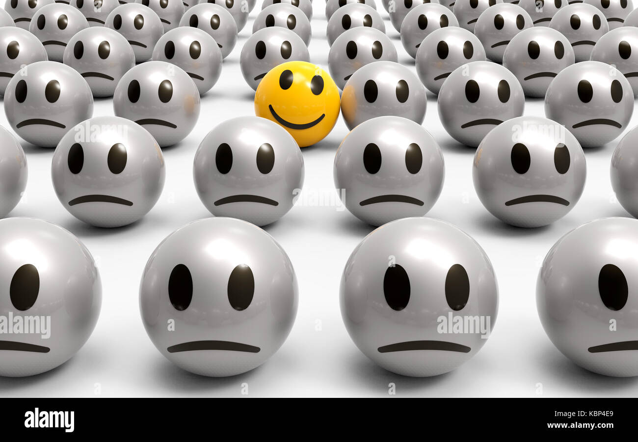 One is different, a yellow smiley is smiling in a crowd of unhappy ...