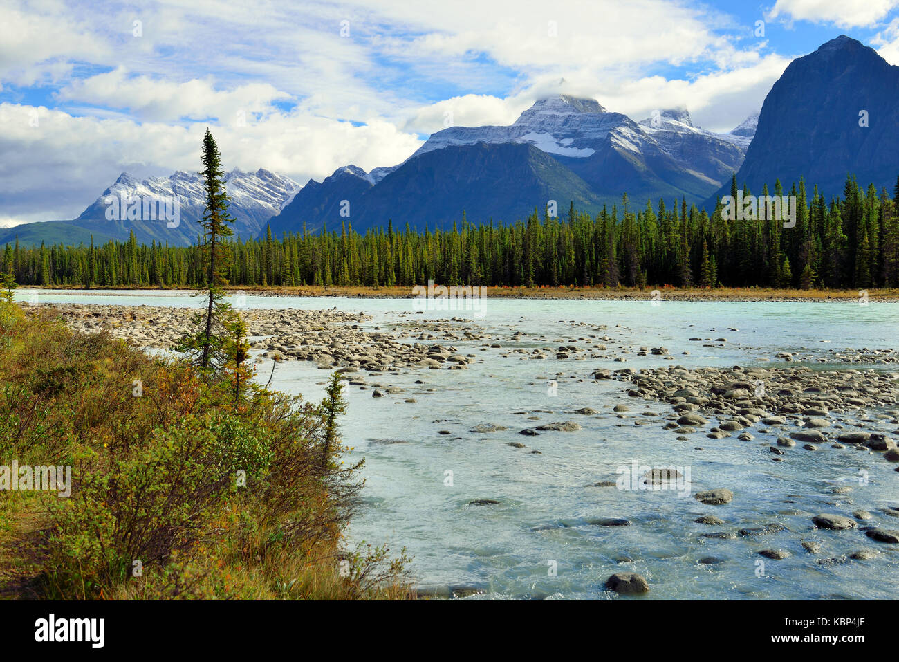 Beautiful high mountains of the Canadian Rockies and an alpine river ...