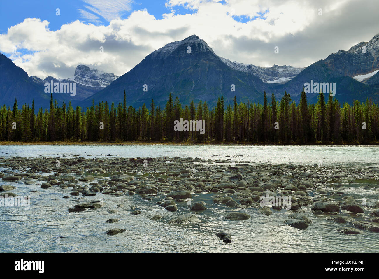 Beautiful high mountains of the Canadian Rockies and an alpine river ...