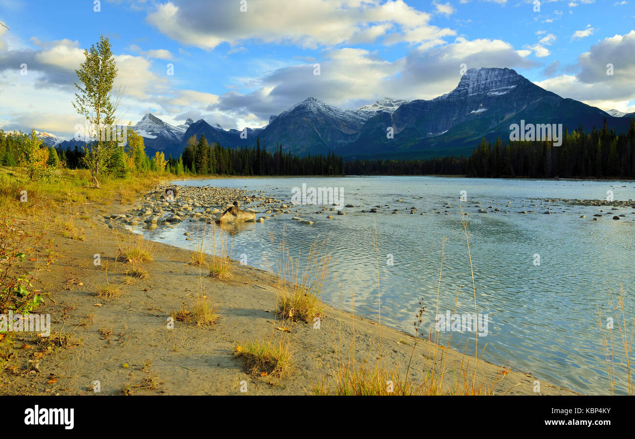 Beautiful high mountains of the Canadian Rockies and an alpine river ...