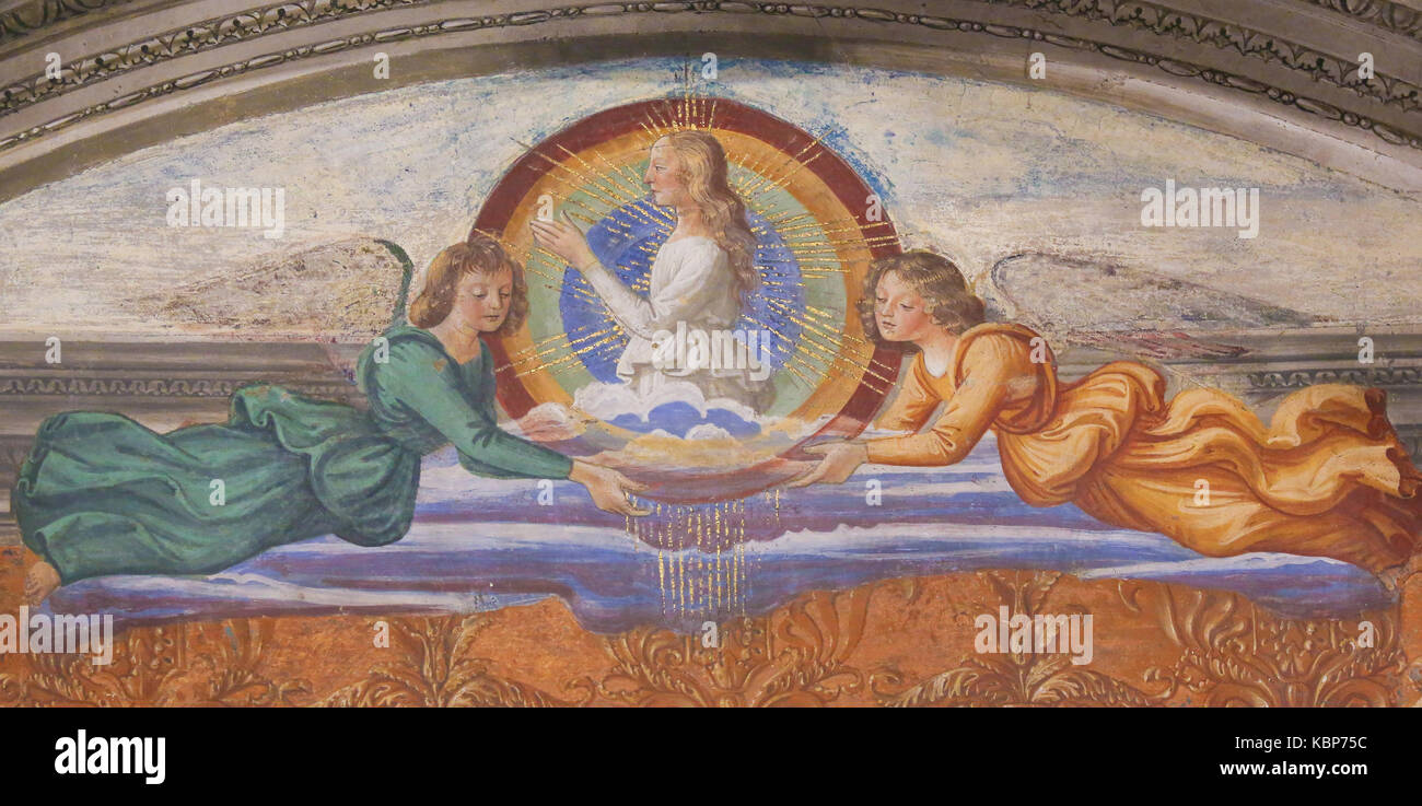 Renaissance Fresco depicting Saint Fina and Two Angels in the ...