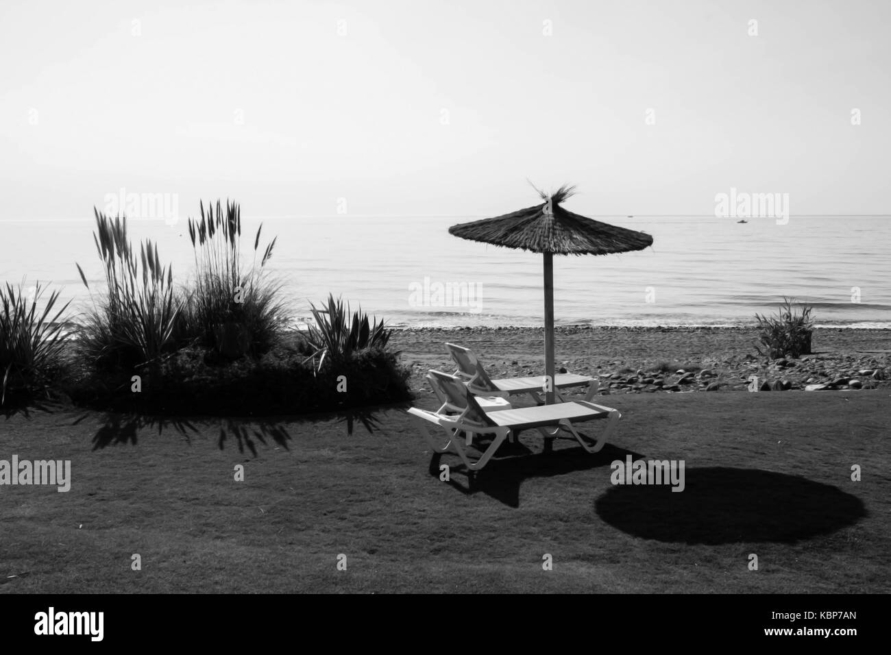 Beach. Summer landscape. Black and White. Mediterranean sea, Costa del ...