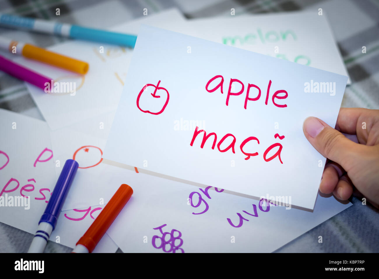 Portuguese; Learning New Language with Fruits Name Flash Cards Stock ...