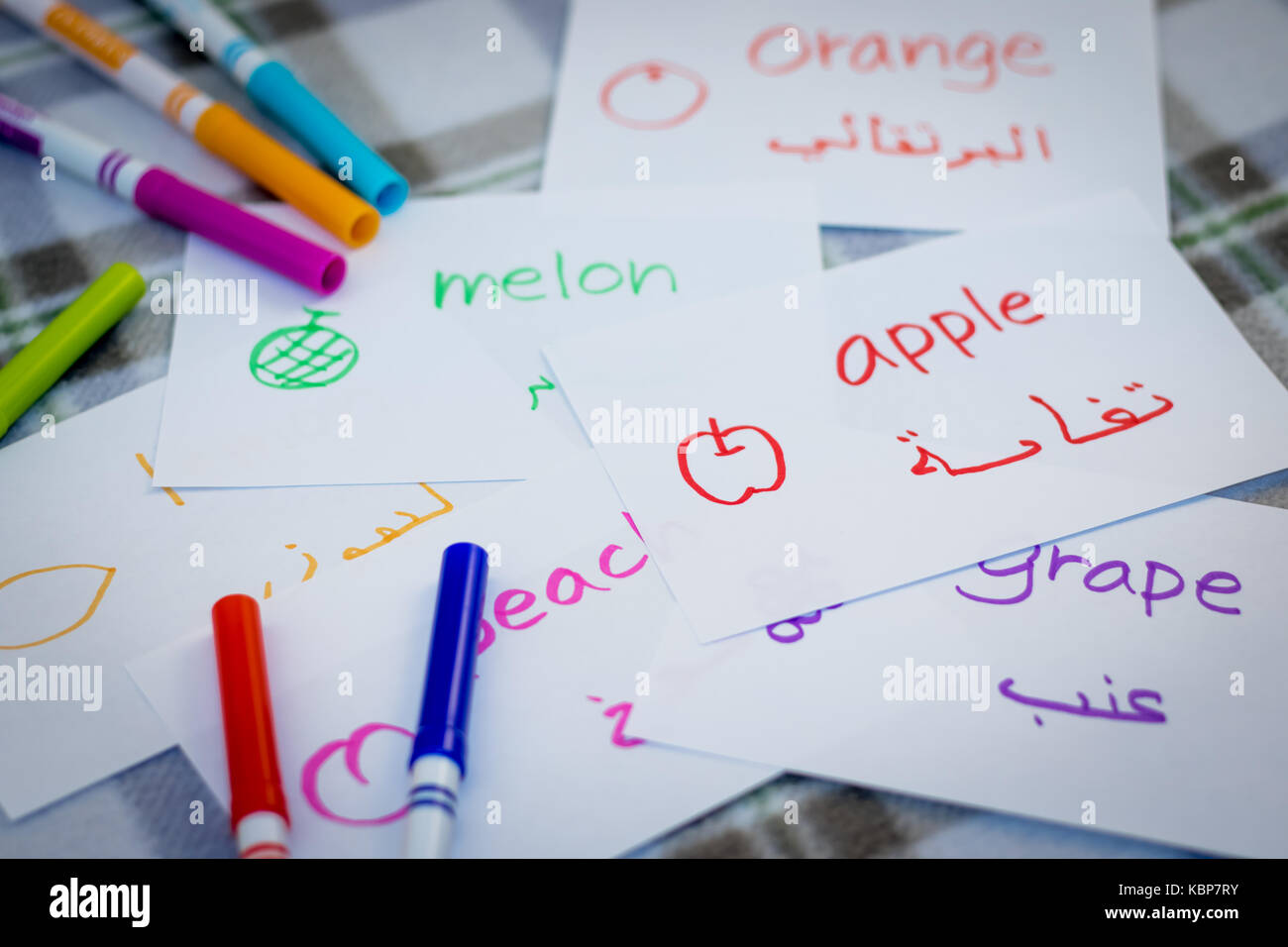 Arabic; Learning New Language with Fruits Name Flash Cards Stock Photo ...