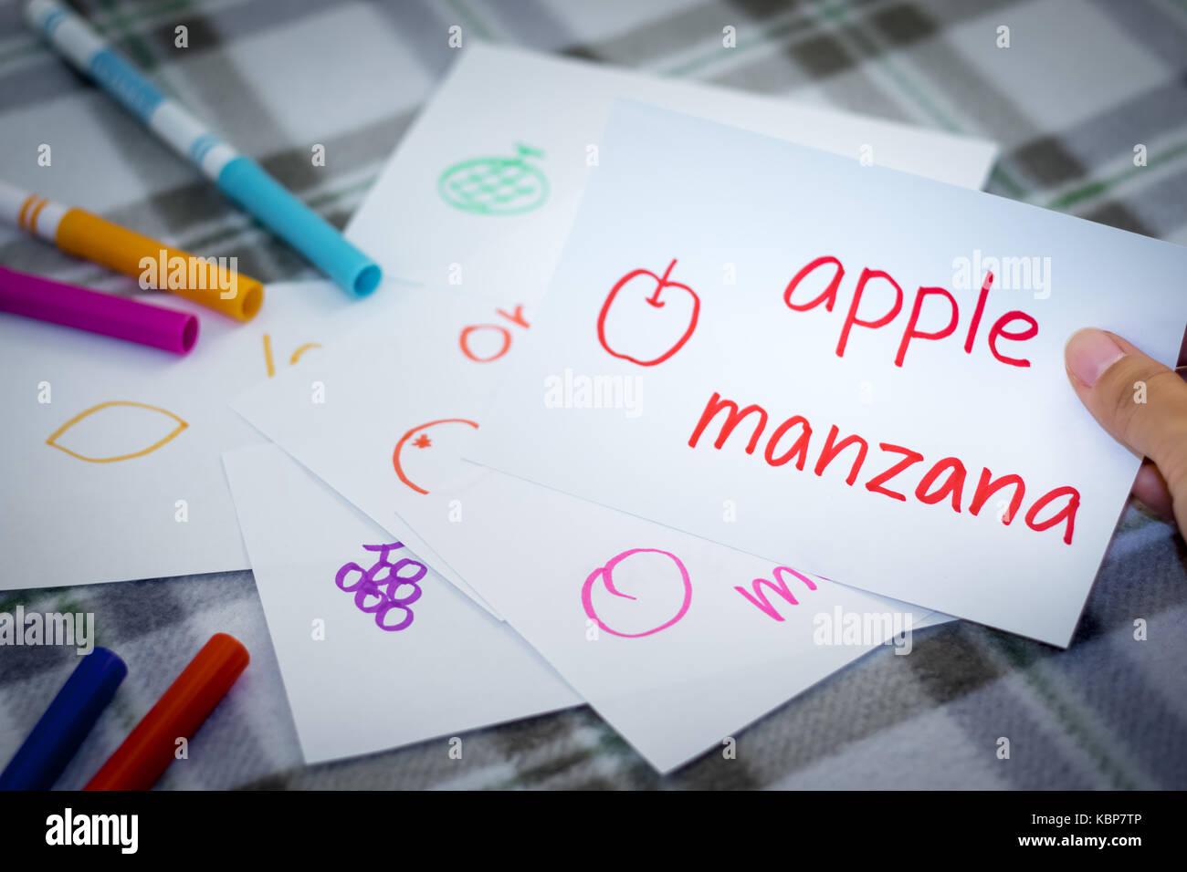 Spanish; Learning New Language with Fruits Name Flash Cards Stock Photo ...