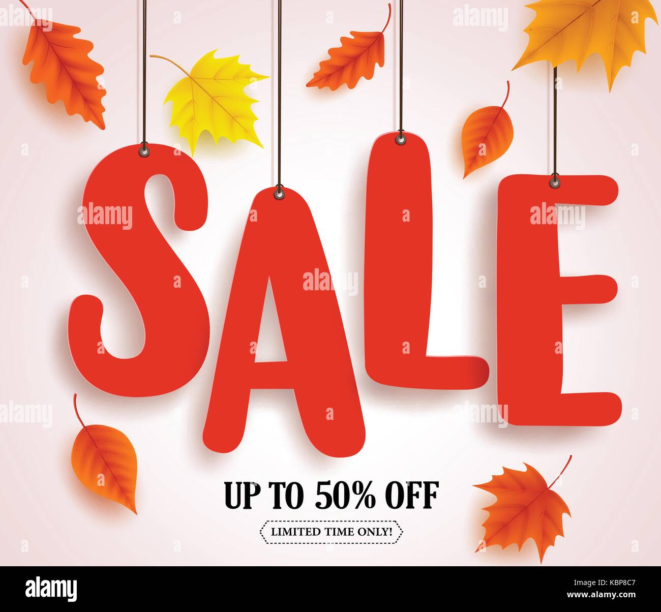 Autumn sale vector banner. Sale text in red color hanging with autumn ...