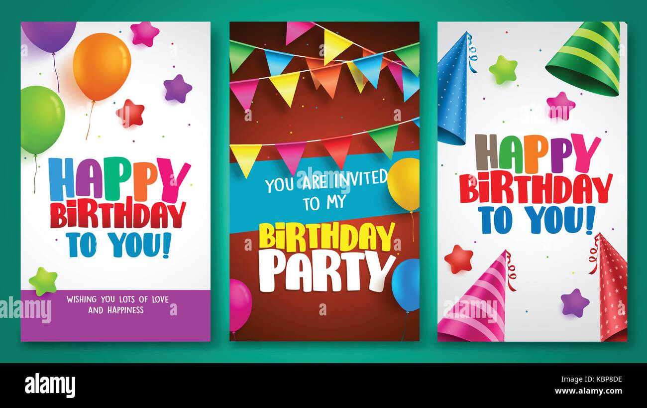 Happy birthday vector poster designs set with colorful elements like ...