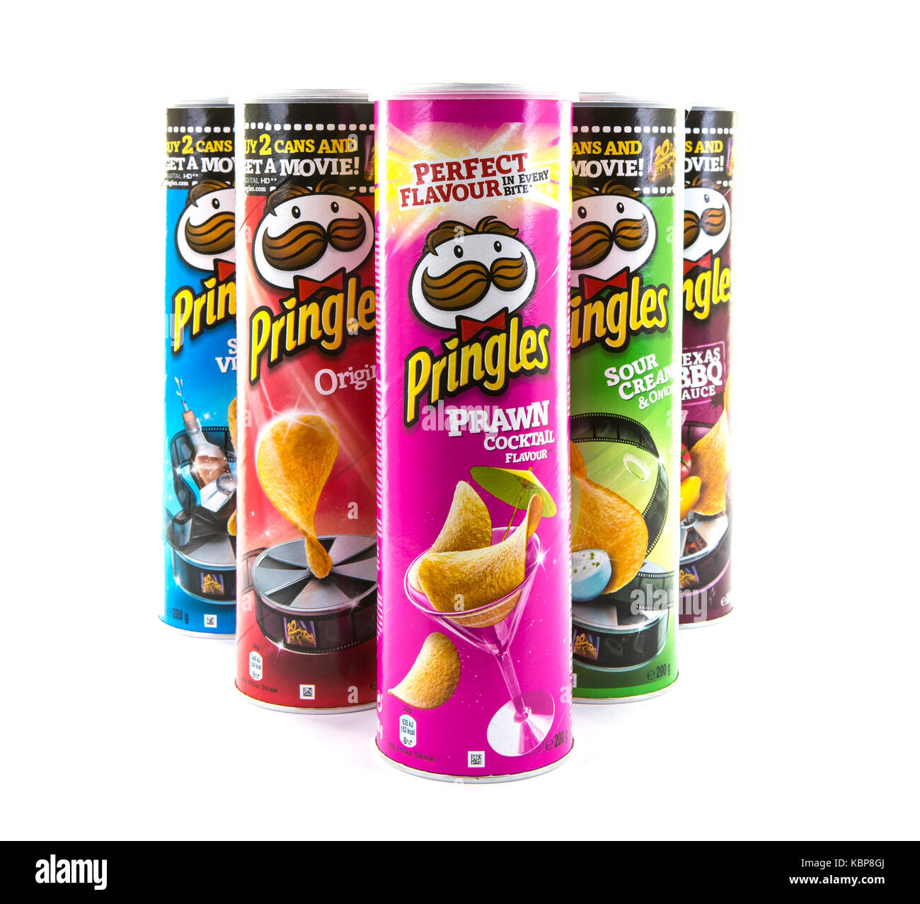 SWINDON, UK - SEPTEMBER 30, 2017: Five Tubes of Pringles on a white ...