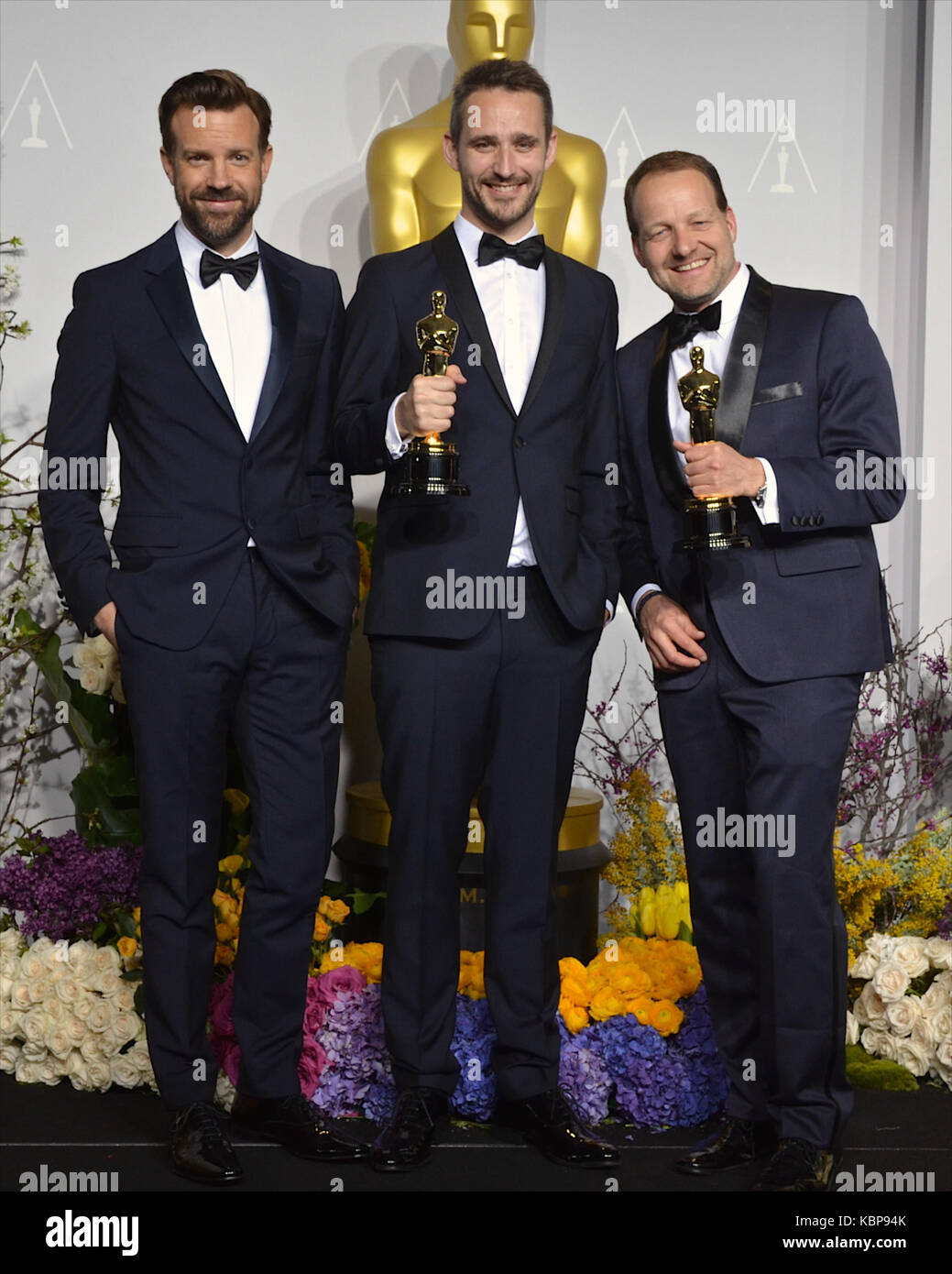 Jason Sudeikis, Anders Walter and Kim Magnusson poses in the press room ...