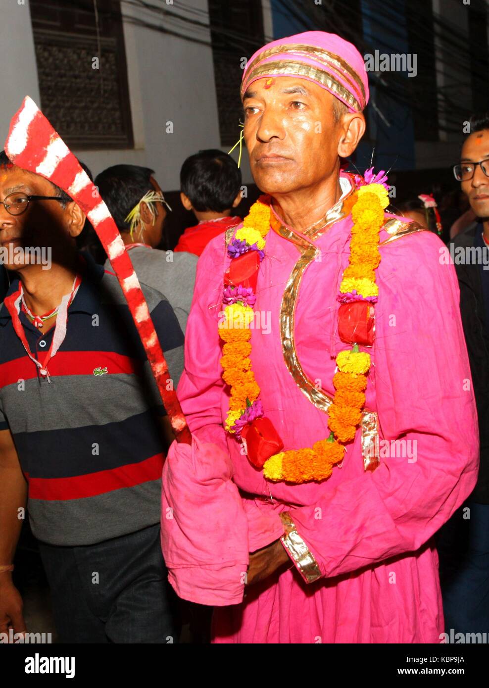 Kathmandu, Nepal. 30th Sep, 2017. Devotees dressed up as deity carrying ...
