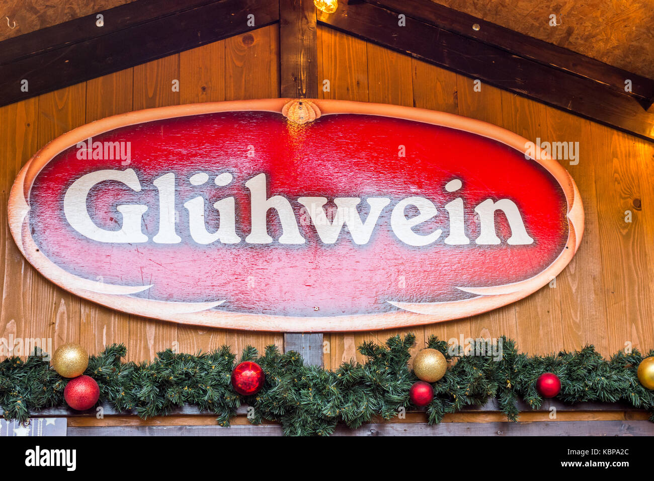 German market stall sign label Gluehwein Christmas background Stock ...