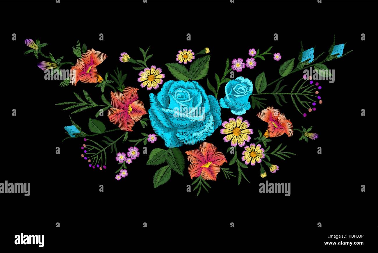 Floral blue rose embroidery neckline arrangement. Vintage Victorian ...