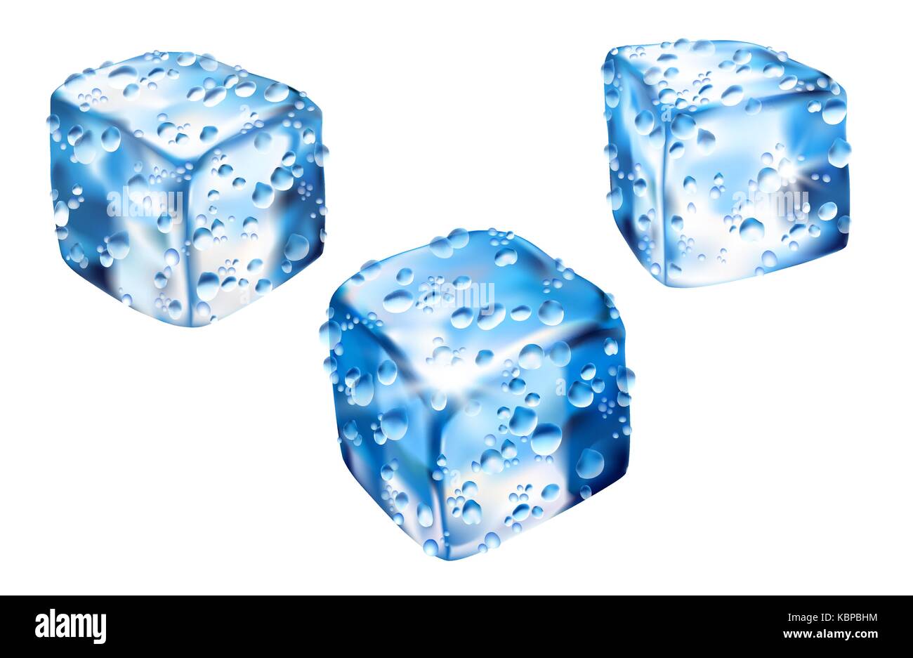 Realistic 3d ice cube set. Cold water droplet blue color reflection. Isolated white background ...