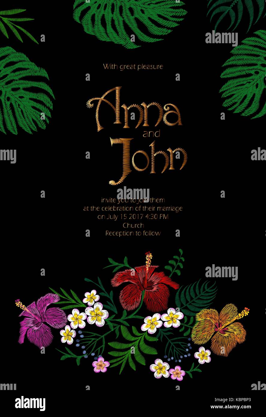 Wedding Invitation Design with Jungle Hawaii flowers. Save the Date ...