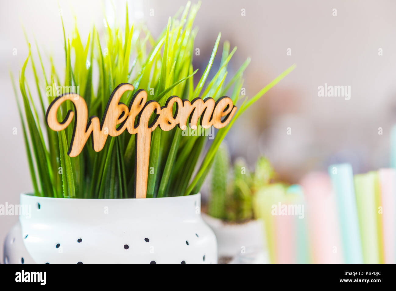 little wooden welcome sign in a white plant pot in pastel look with ...