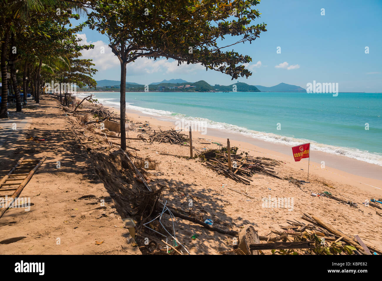 SANYA, CHINA - SEPTEMBER 28, 2017: Consequences after typhoon, on the ...