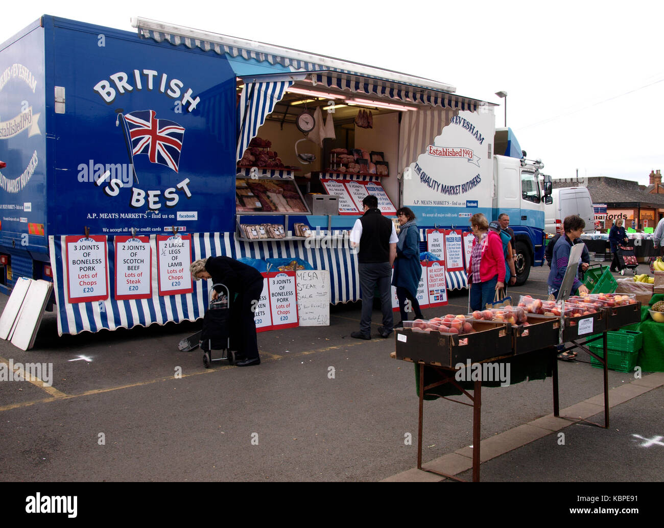 Butcher's meat market stall, Tewkesbury, Gloucestershire, UK Stock ...