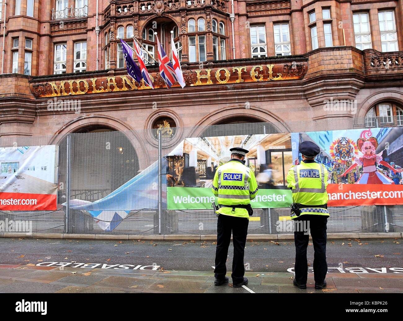 Manchester Police officers patrol outside the Midland Hotel ahead of ...