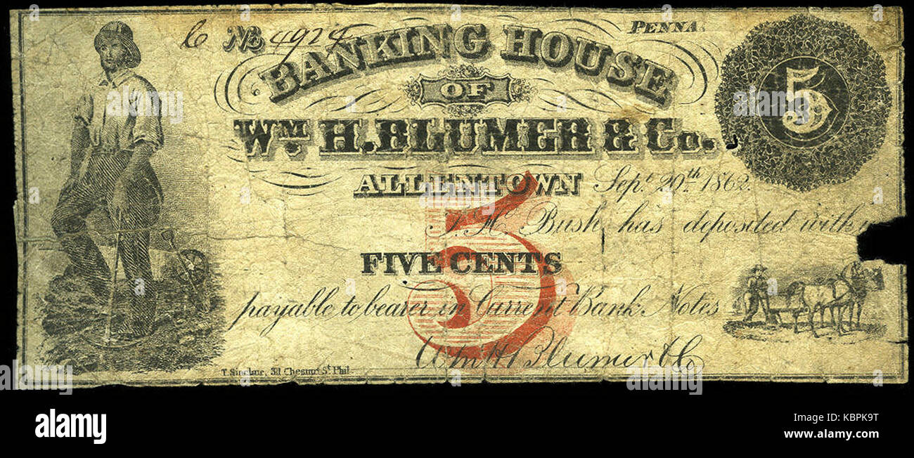 1862 Five Cent Currency Note Allentown PA Stock Photo - Alamy