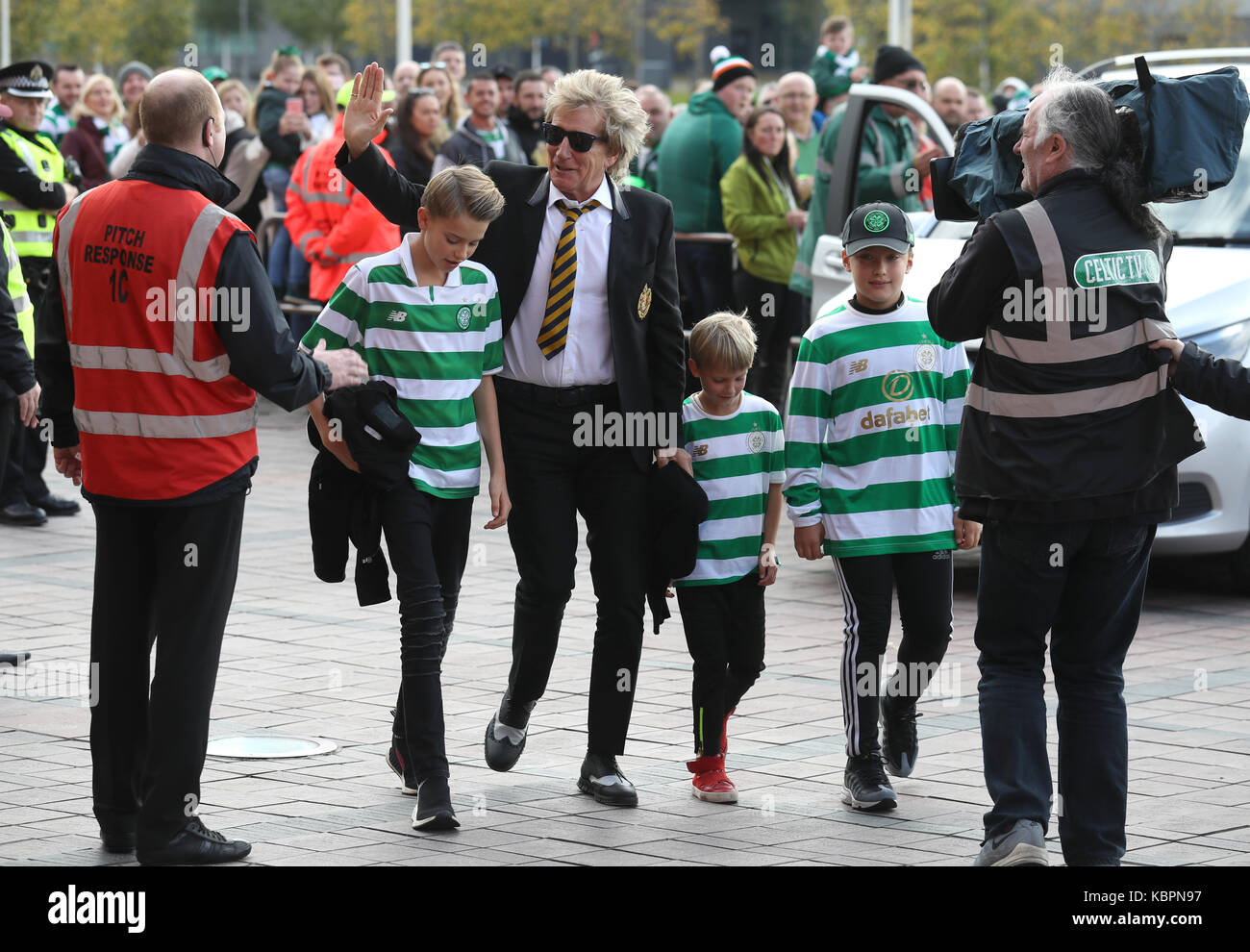 Celtic fan Rod Stewart with children Alastair and Aiden as they arrive ...