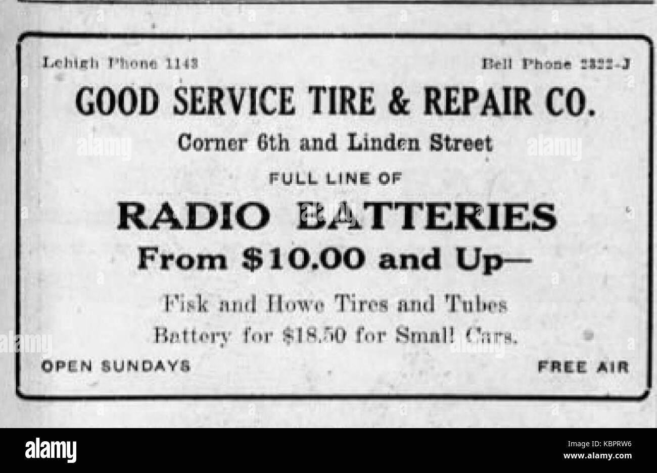 1922 Good service Tire Company 15 Apr MC Allentown PA Stock Photo - Alamy