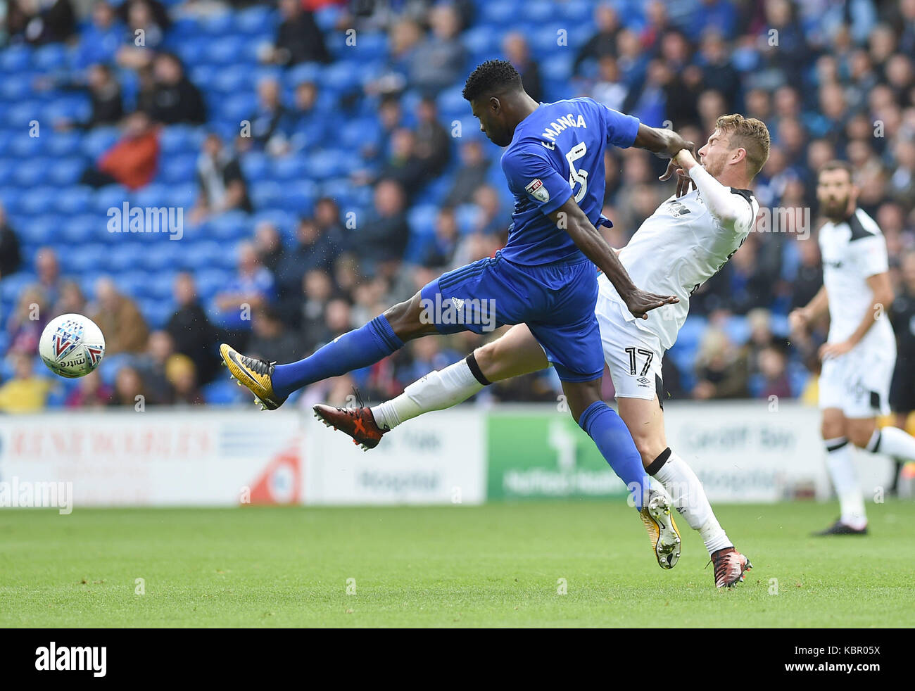 Cardiff City's Bruno Ecuele Manga and Derby County's Sam Winnall battle ...