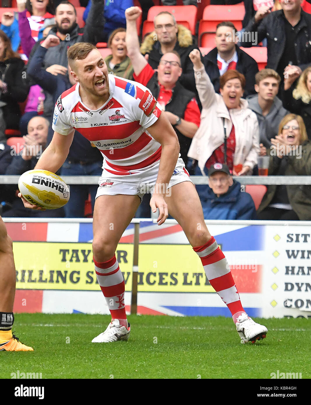Leigh Centurions' James Clare celebrates scoring his sides second try ...