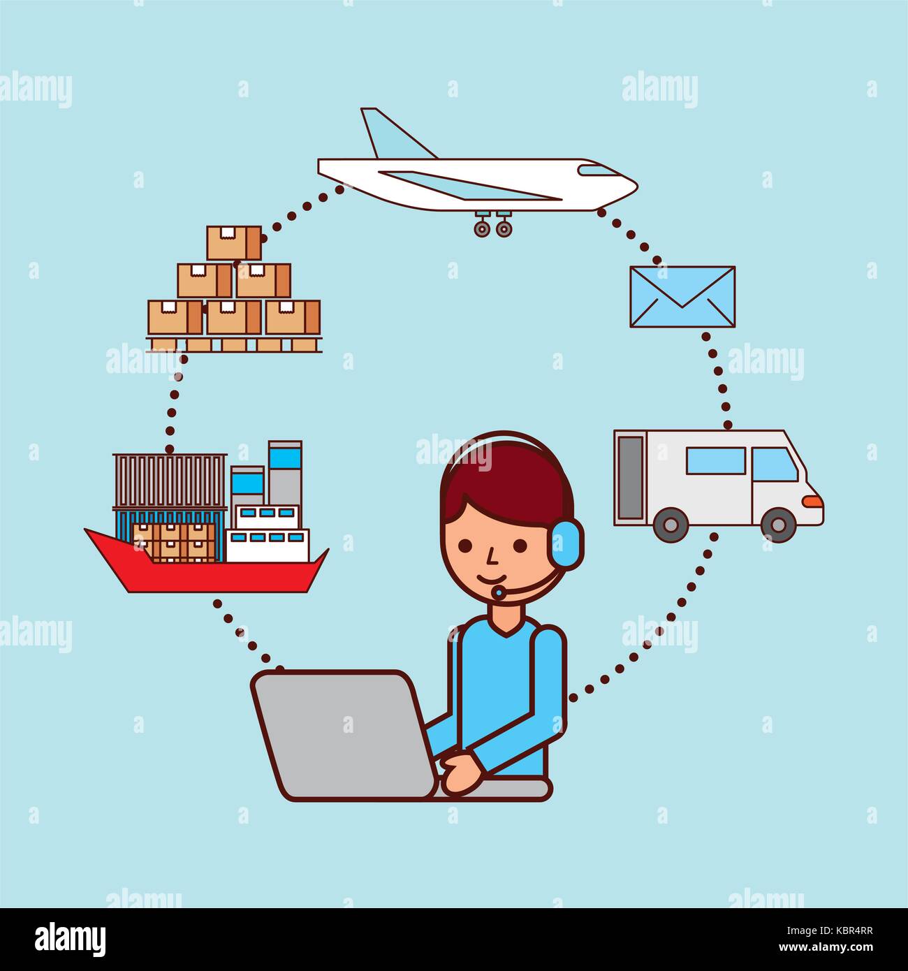 worker with laptop logistic delivery shipping boat plane truck box ...