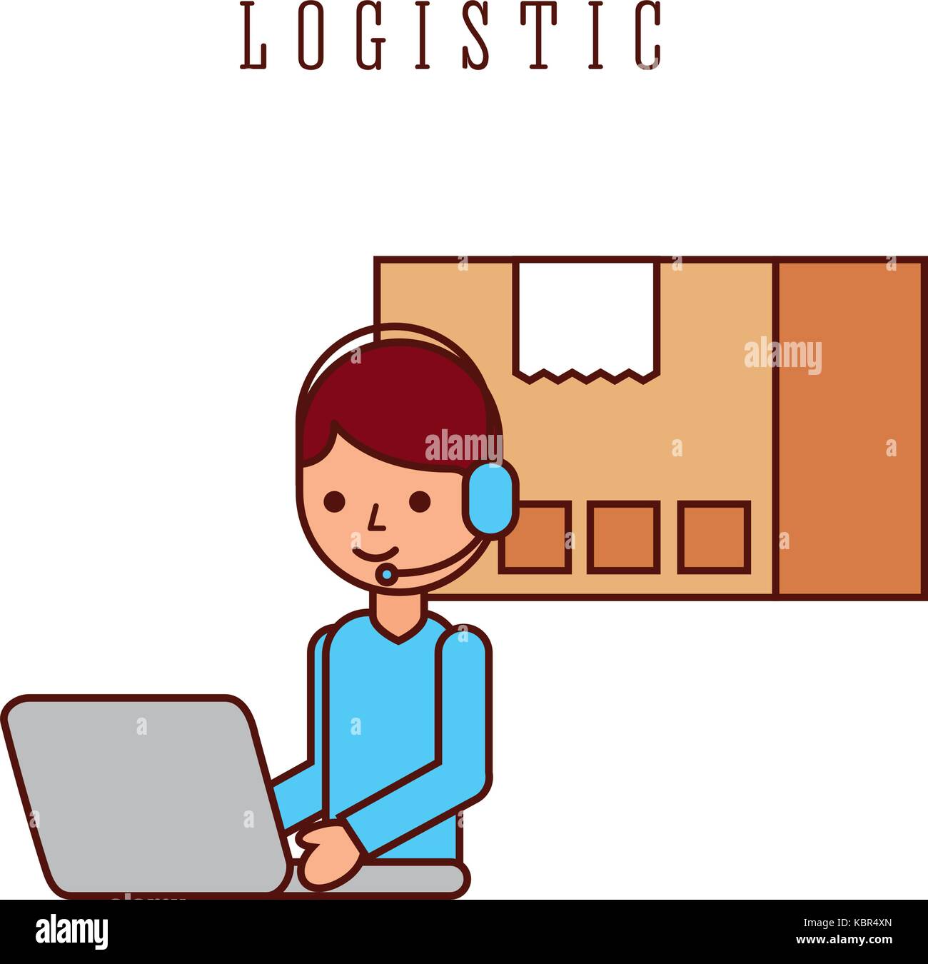 logistic worker cartoon working laptop and cardboard box Stock Vector ...