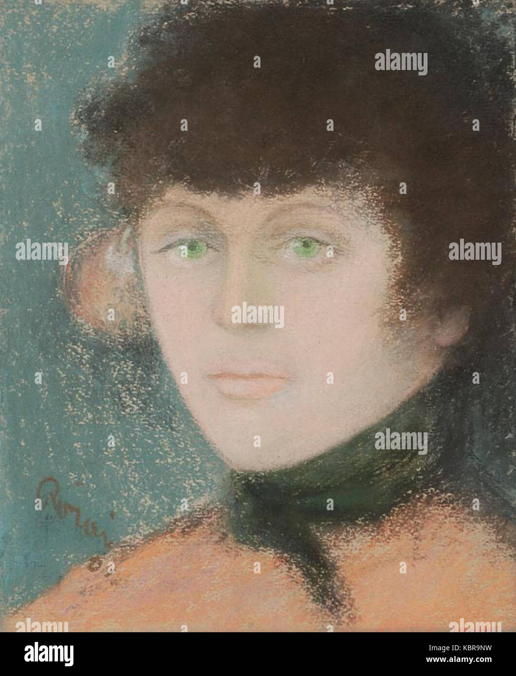 This artwork features a portrait of a woman with striking green eyes ...