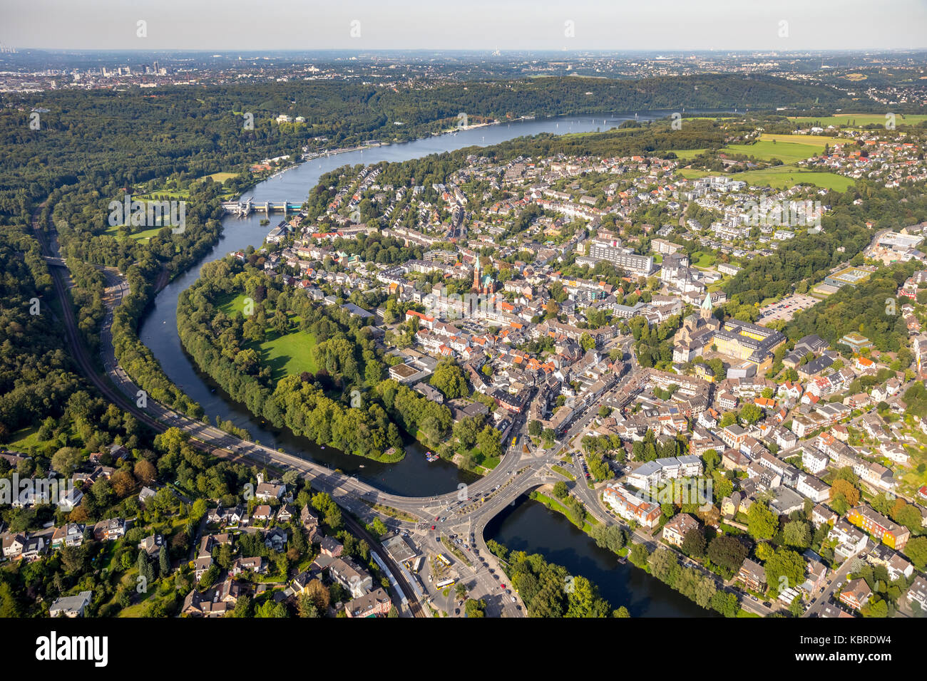 View of Werden with river Ruhr and bridge, Werden, Essen-Werden, Essen ...