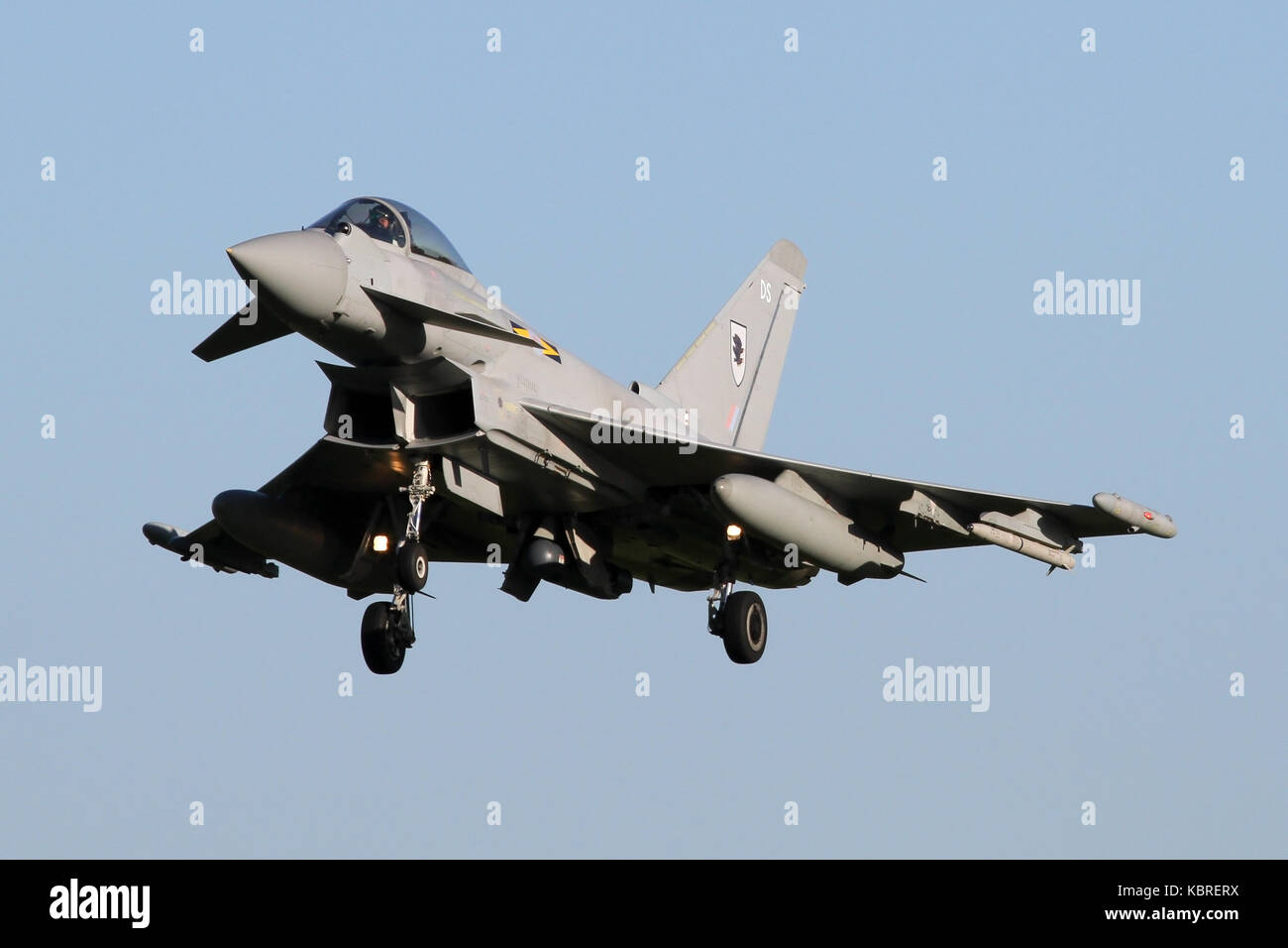 RAF Eurofighter Typhoon landing on runway 25 at RAF Coningsby out of a ...