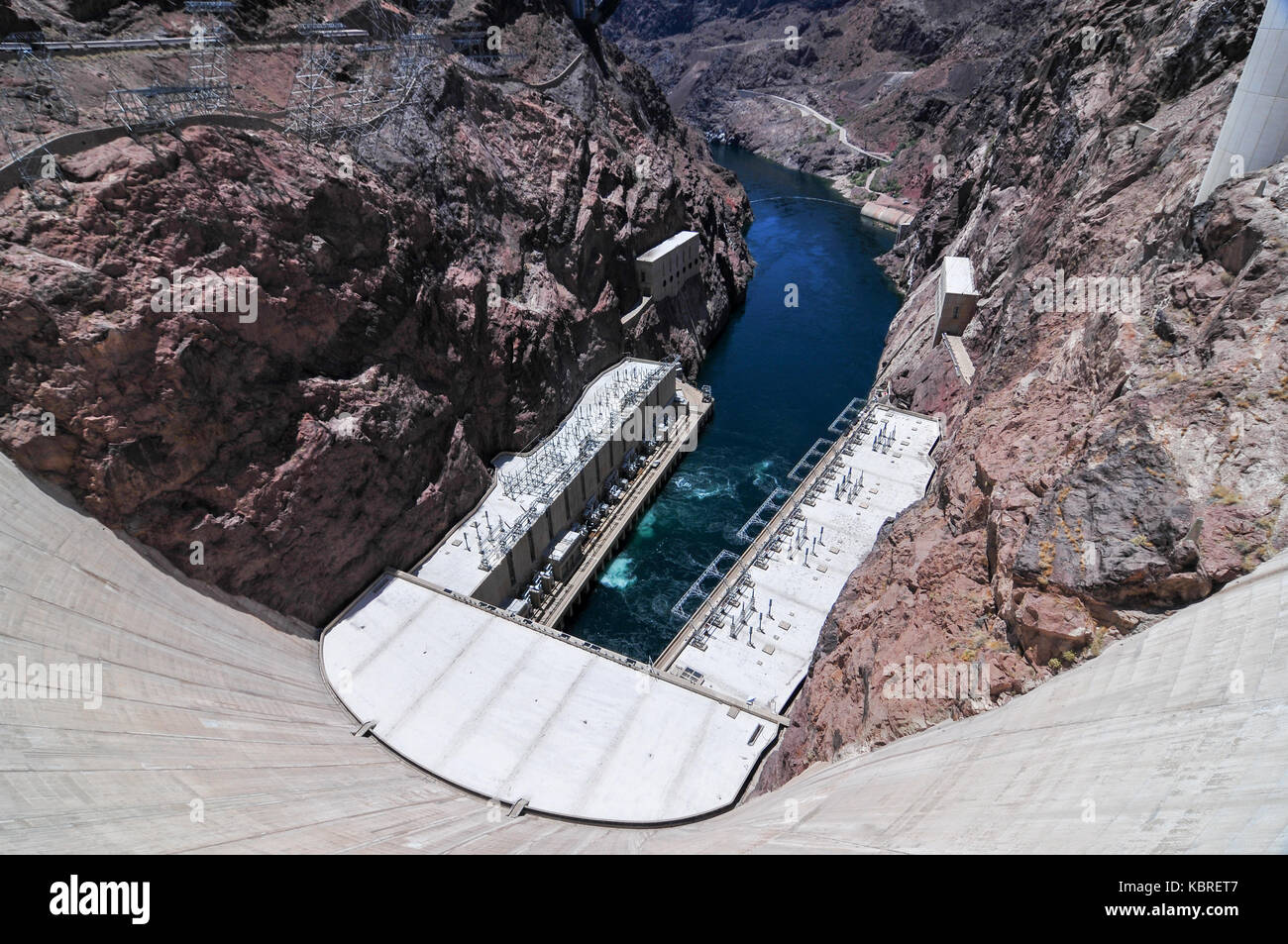 Hoover Dam, originally known as Boulder Dam, a concrete arch-gravity dam in the Black Canyon of ...