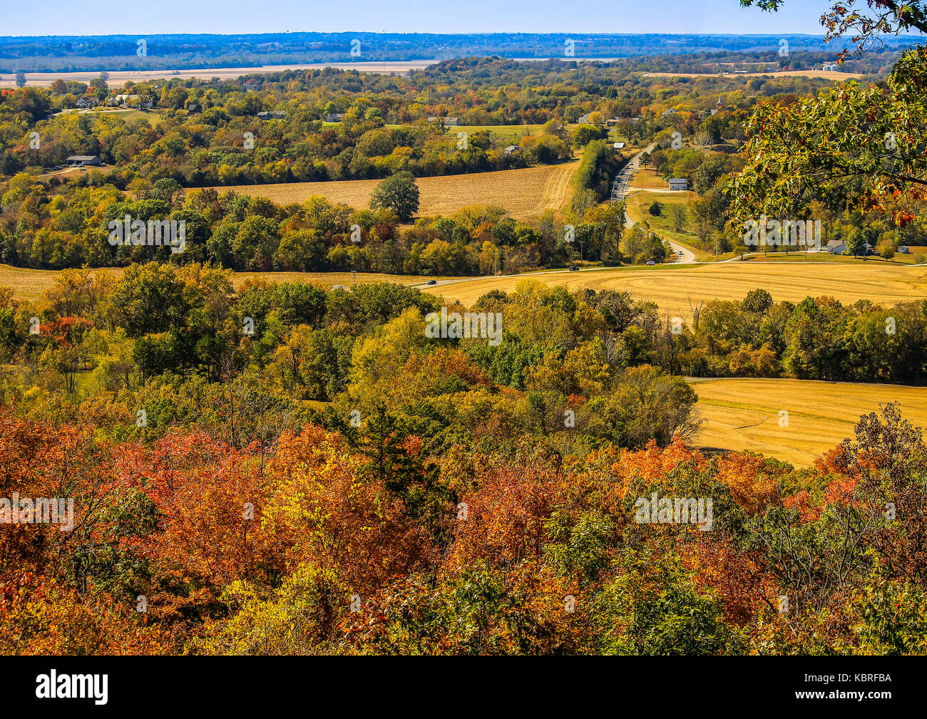 Colorful view of the Missouri in the fall; view from a bluff; fall ...