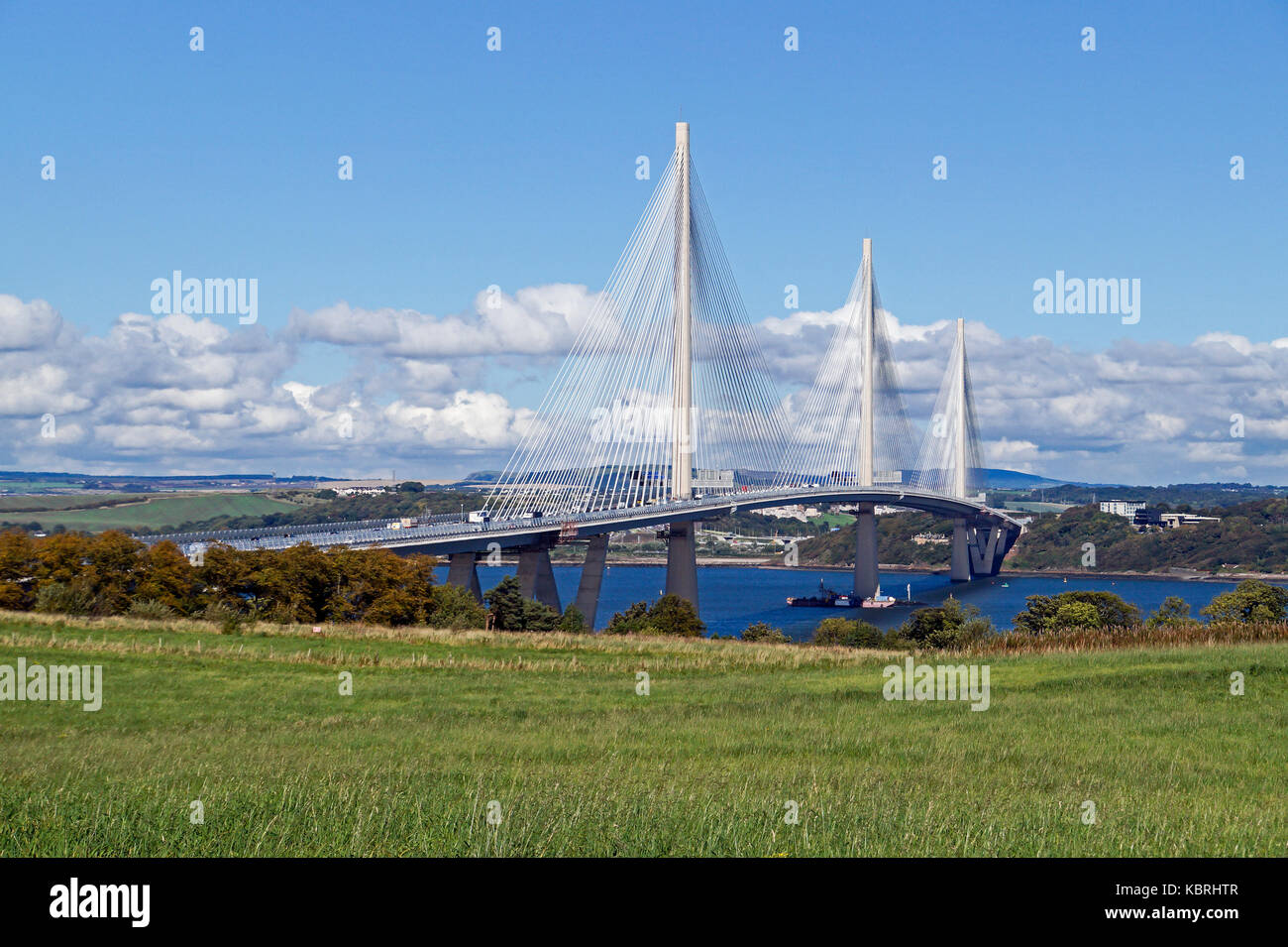 Completed road bridge Queensferry Crossing spanning the Firth of Forth ...
