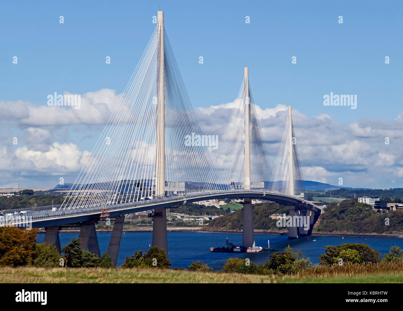 Completed road bridge Queensferry Crossing spanning the Firth of Forth ...