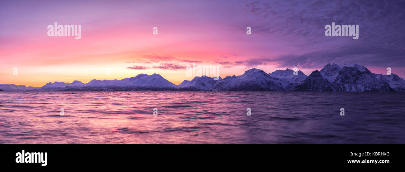 Panoramic view of the peaks overlooking the fjord. Nordmannvik, Kafjord ...