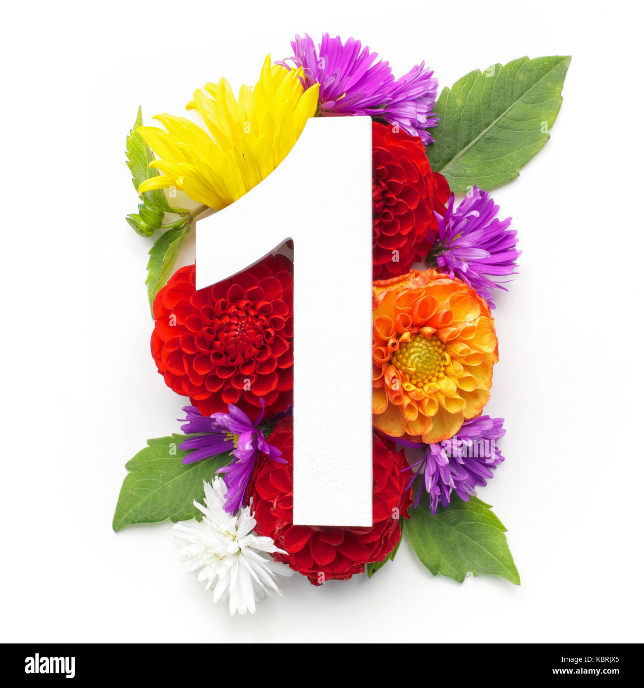 Layout with colorful flowers, leaves and number one. Flat lay. Top view ...