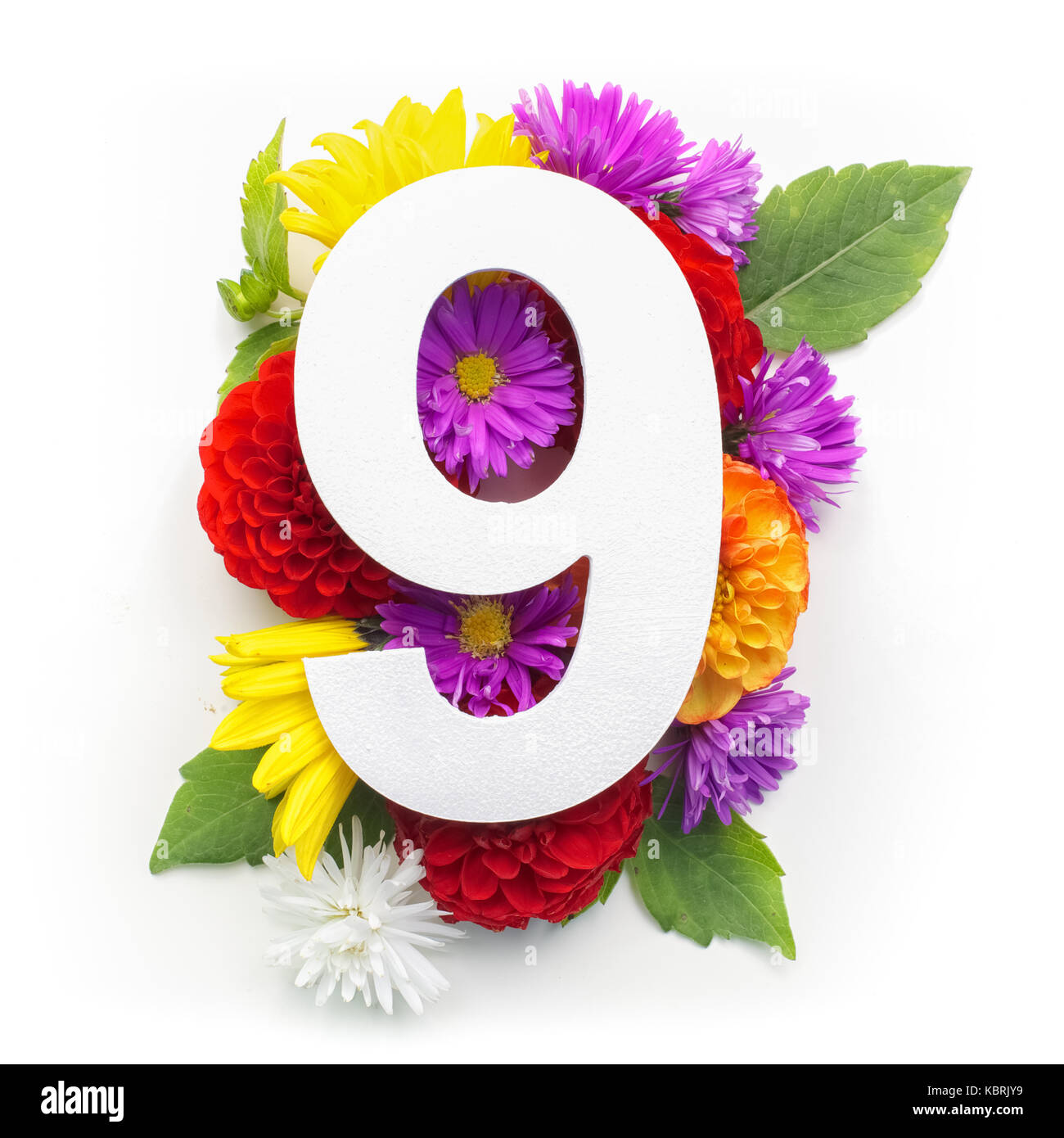 Layout with colorful flowers, leaves and number nine. Flat lay. Top ...