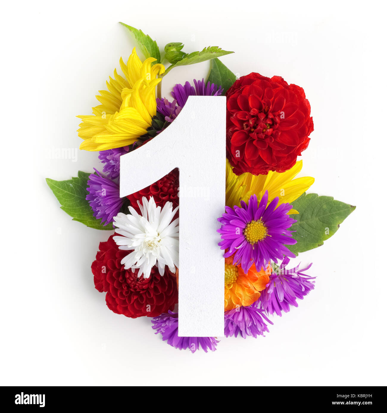 Layout with colorful flowers, leaves and number one. Flat lay. Top view ...