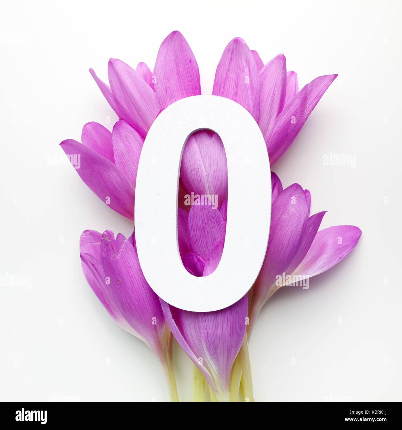 Layout with colorful flowers, leaves and number zero. Flat lay. Top ...