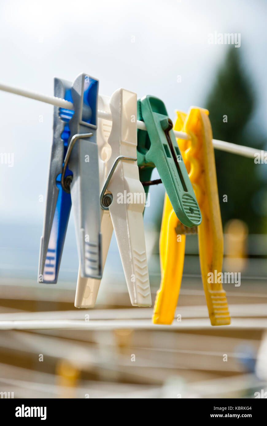 Colorful clothes pegs hanging on the clothesline Stock Photo - Alamy