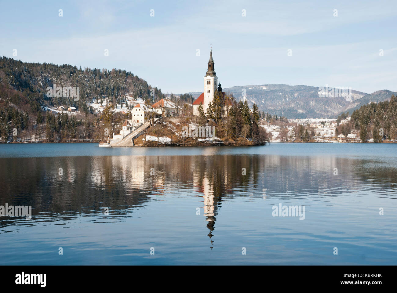 Lake Bled with castle behind in winter, Bled, Slovenia Stock Photo - Alamy