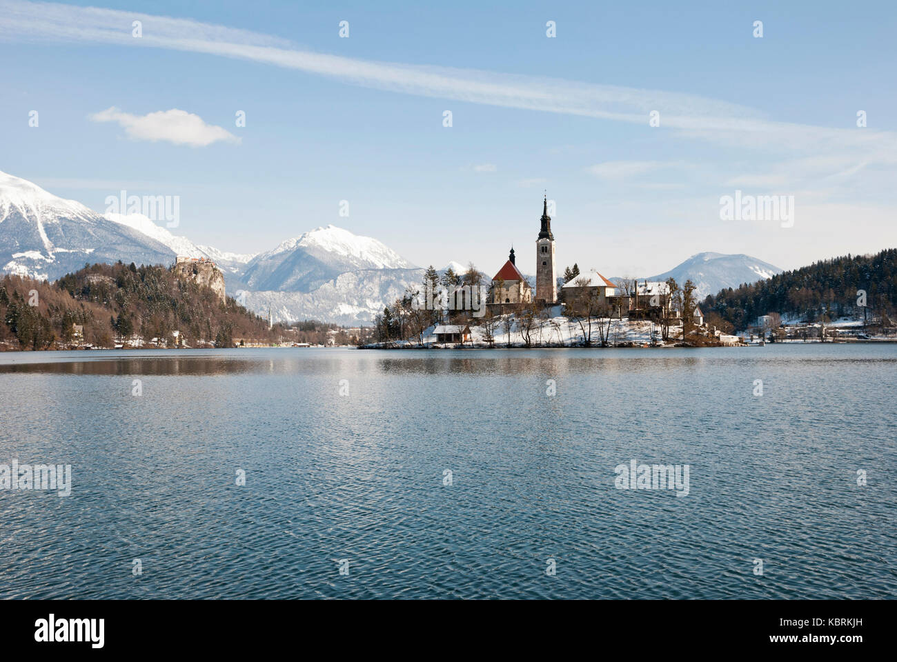 Lake Bled with castle behind in winter, Bled, Slovenia Stock Photo - Alamy